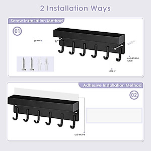VIS'V Key Holder Wall Mount, Frosted Black Stainless Steel Key Mail Holder Small Key Rack with Tray Adhesive Key Hanger Mail Storge Organizer with 6 Key Hooks for Entryway Hallway Doorway