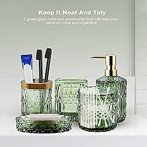 Bathroom Accessories Set, Glass Bathroom Set Include Lotion Dispenser, Soap Box, Toothbrush Cup, Mouthwash Cup, Cotton Swab Jar, Countertop Vanity Organize, Bathroom Home Decor