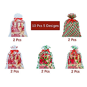 CubesLand Christmas Cellophane Gift Wrap Basket Bags,17.71"x23.62"Christmas Goody Bags 3 Mil Thick Clear Cellophane Wrap Bags,Xmas Gift Bags,Holiday Party Favors Bags,10 Pcs 5 Designs