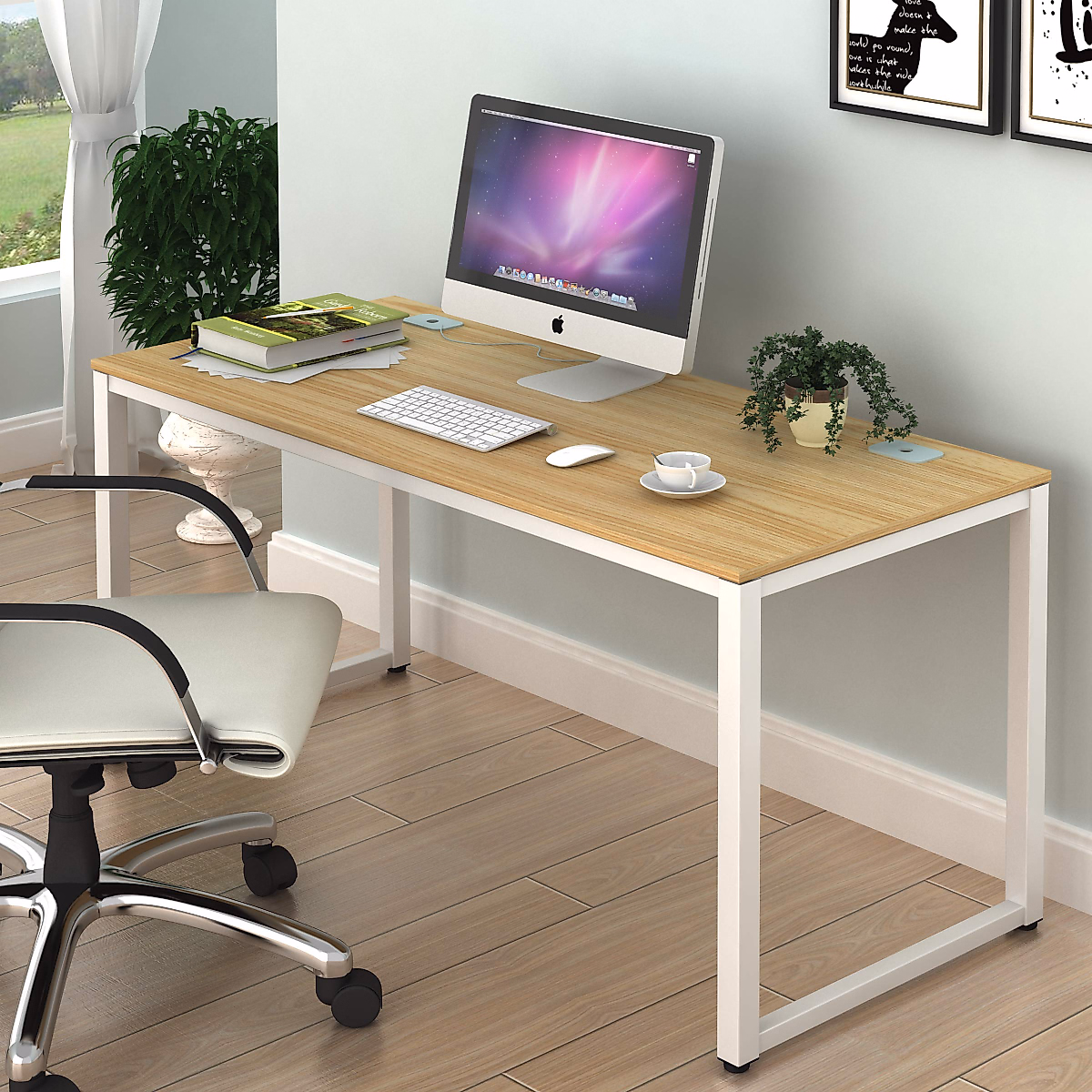 SHW Home Office 55-Inch Large Computer Desk, 24" Deep, White Frame with Oak Top