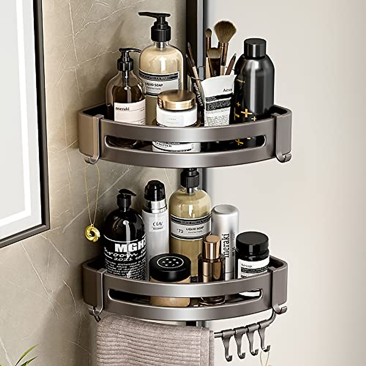 IMPHOM Shower Caddy Corner 2-Pack Shower Organizer Bathroom Shower Shelves with 8 Hooks Shower Caddy Shelf Organizer Rack,Large Capacity,Aluminum Shower Shelf for Inside Shower