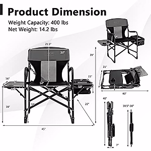 COSTWAY Folding Camping Chair, Heavy-Duty Director Chair Supports 400lbs for Adults with Side Table, Cooler Bag, Storage, Strap, Portable Makeup Chair Suitable for Fishing Picnic, Black