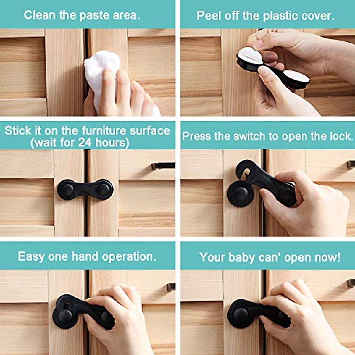 Child Safety Cabinet Locks (10 Pack) - Baby Proofing Latches Lock for Drawers, Toilet Seat, Fridge, Oven, with 10 Extra 3M Adhesives (Black)