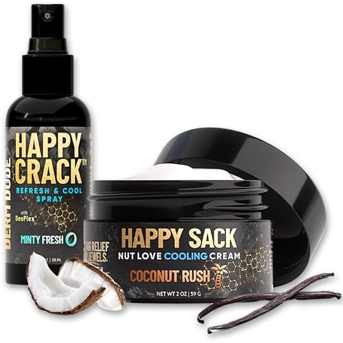 Derm Dude Power Pair Set | Happy Sack Ball Deodorant Anti Chafing Cream & Happy Crack Butt Spray | With All-Natural DeoPlex for Odor Control - Coconut Rush & Minty Fresh