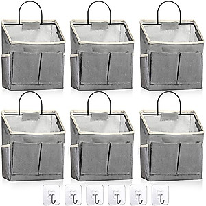 6 Pack Wall Hanging Storage Bag Bulk, Wall Hanging Organizer with Pockets, Linen Cotton Wall Pouch Basket with Sticky Hooks for Over The Door Closet Bathroom Bedroom Kitchen Dorm Room (Gray)