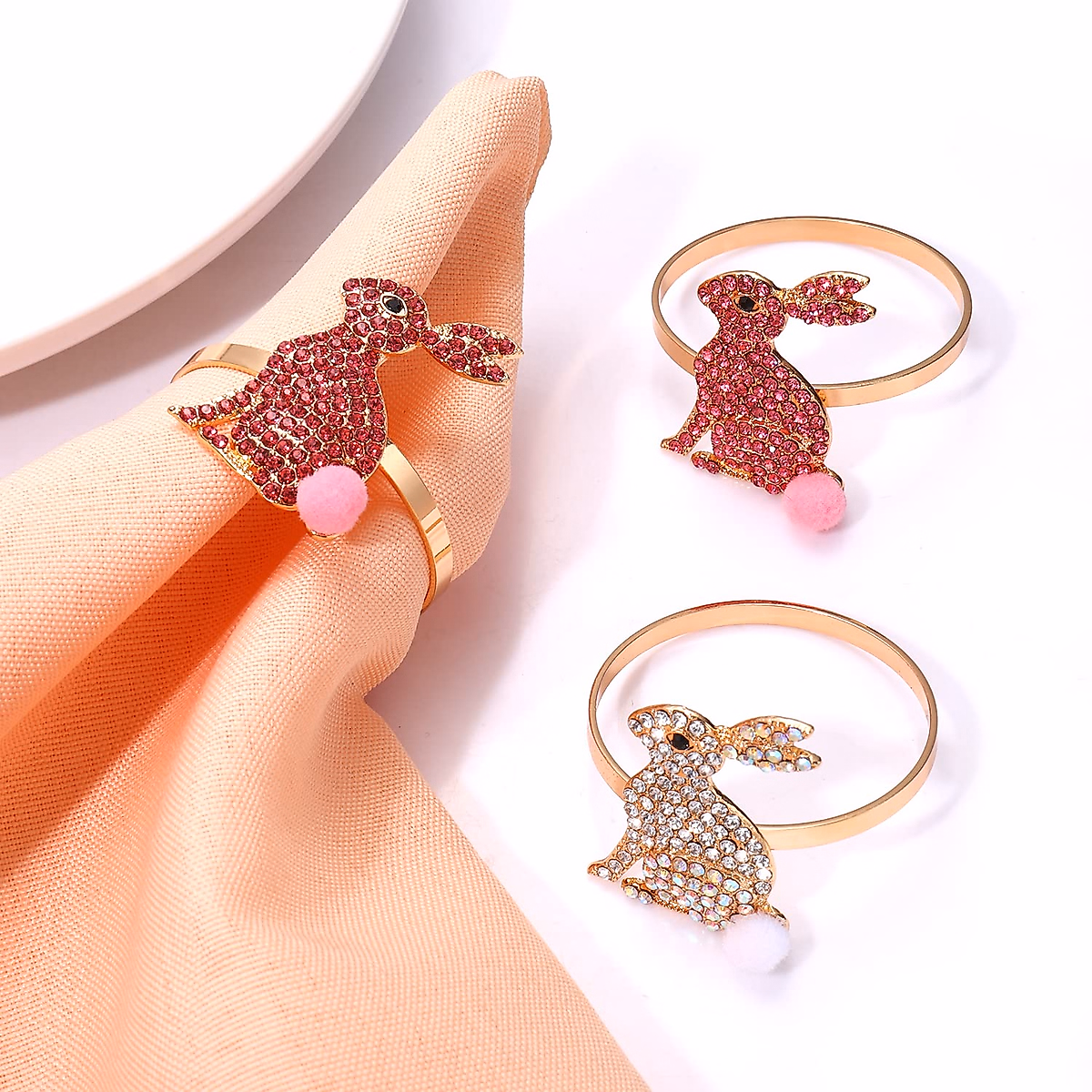 8PCS Easter Napkin Rings, Rhinestone Easter Bunny Napkin Holder Rings for Table Decor Cute Rabbit Carrot Napkin Ring for Spring Party Banquet (8PCS Rhinestone Rabbit)