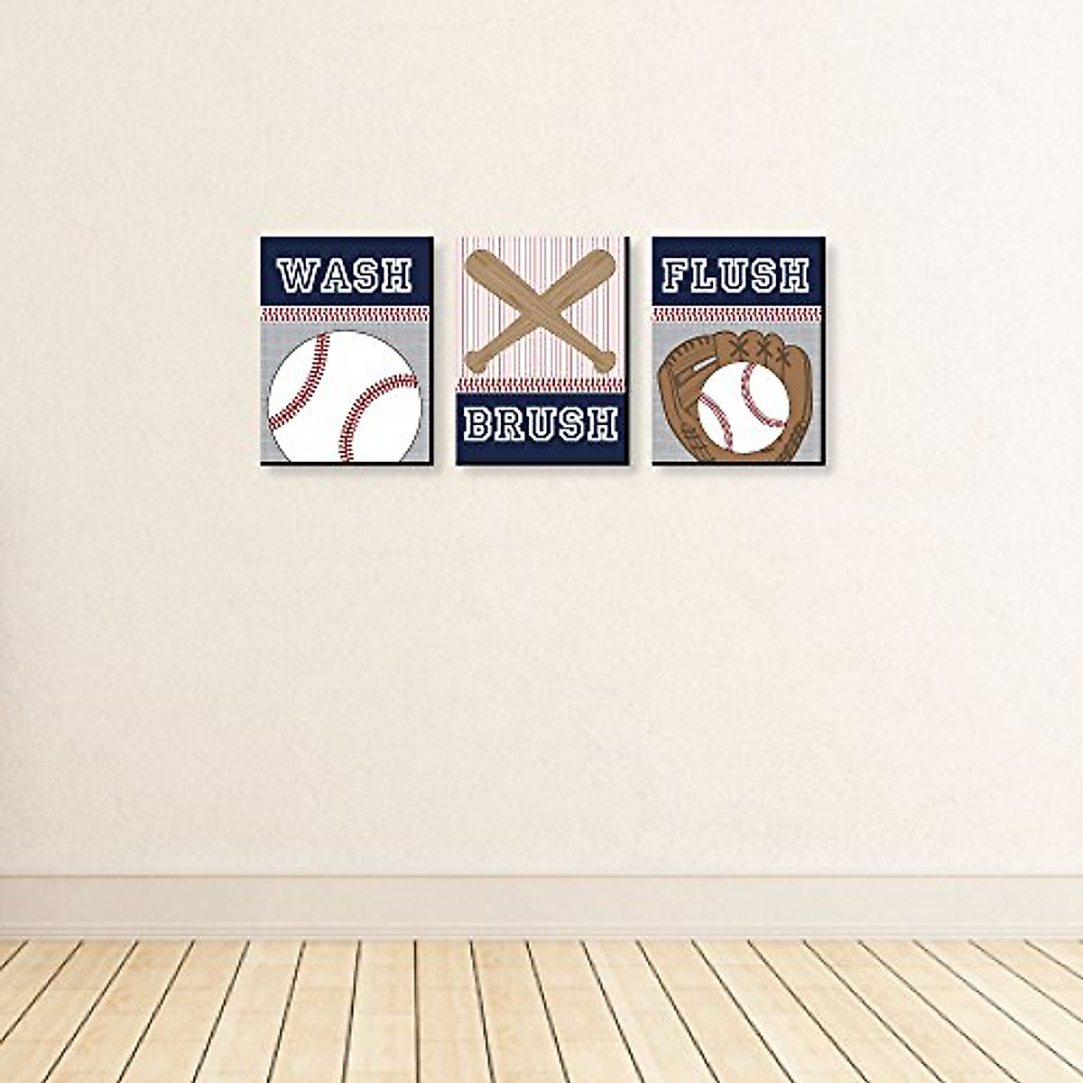 Big Dot of Happiness Batter Up - Baseball - Kids Bathroom Rules Wall Art - 7.5 x 10 inches - Set of 3 Signs - Wash, Brush, Flush
