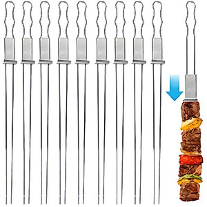 Blue Donuts 10 Pack Kabob Skewers for Grilling 17 Inch Kabob Skewers with Push Bar, Stainless Steel Skewers with Comfortable Handle Grip, BBQ Grilling Accessories
