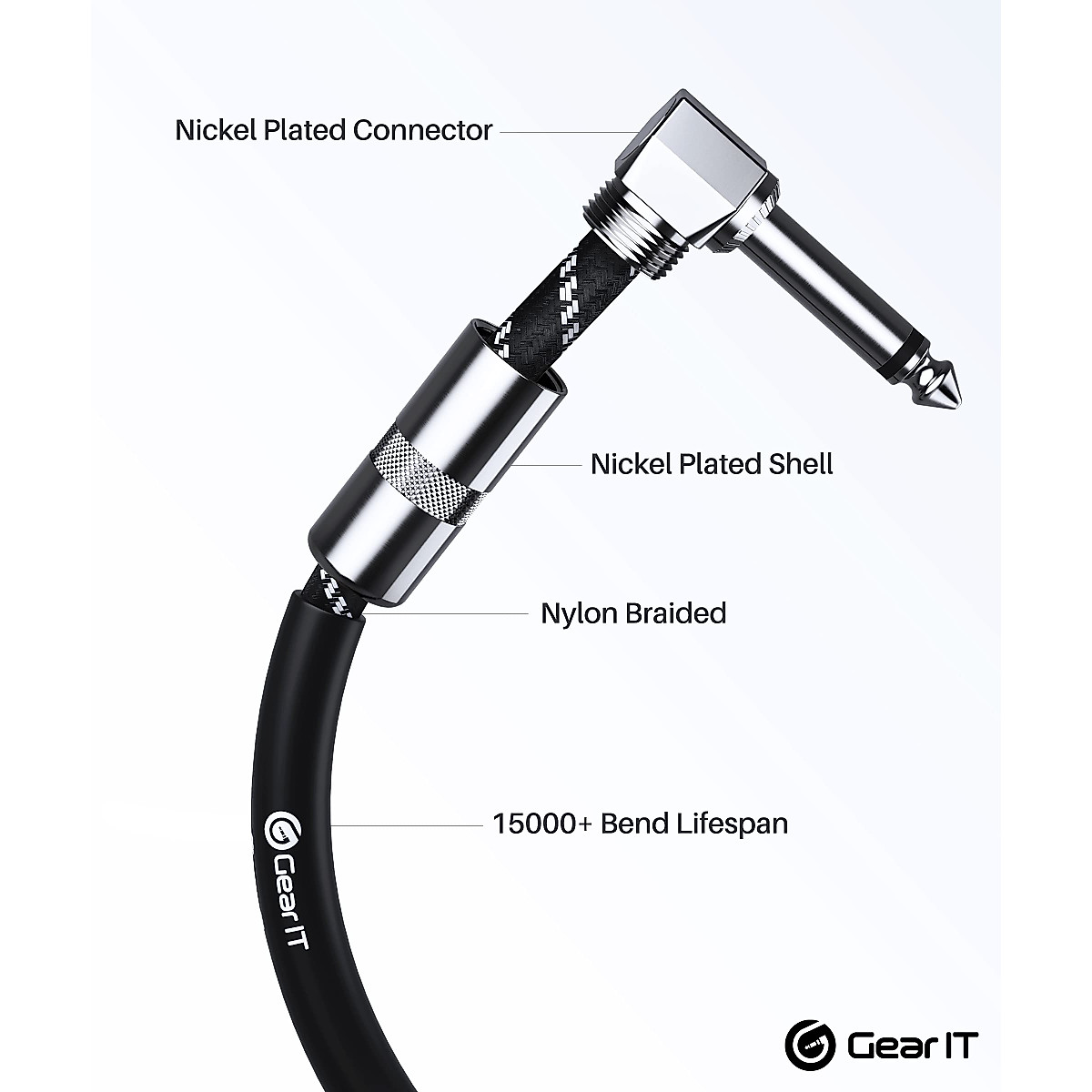 GearIT Audio Instrument Cable (20ft) Right Angle to Straight 1/4 Inch Male to Male for AMP Cord, Base and Electric Guitar - Black/White