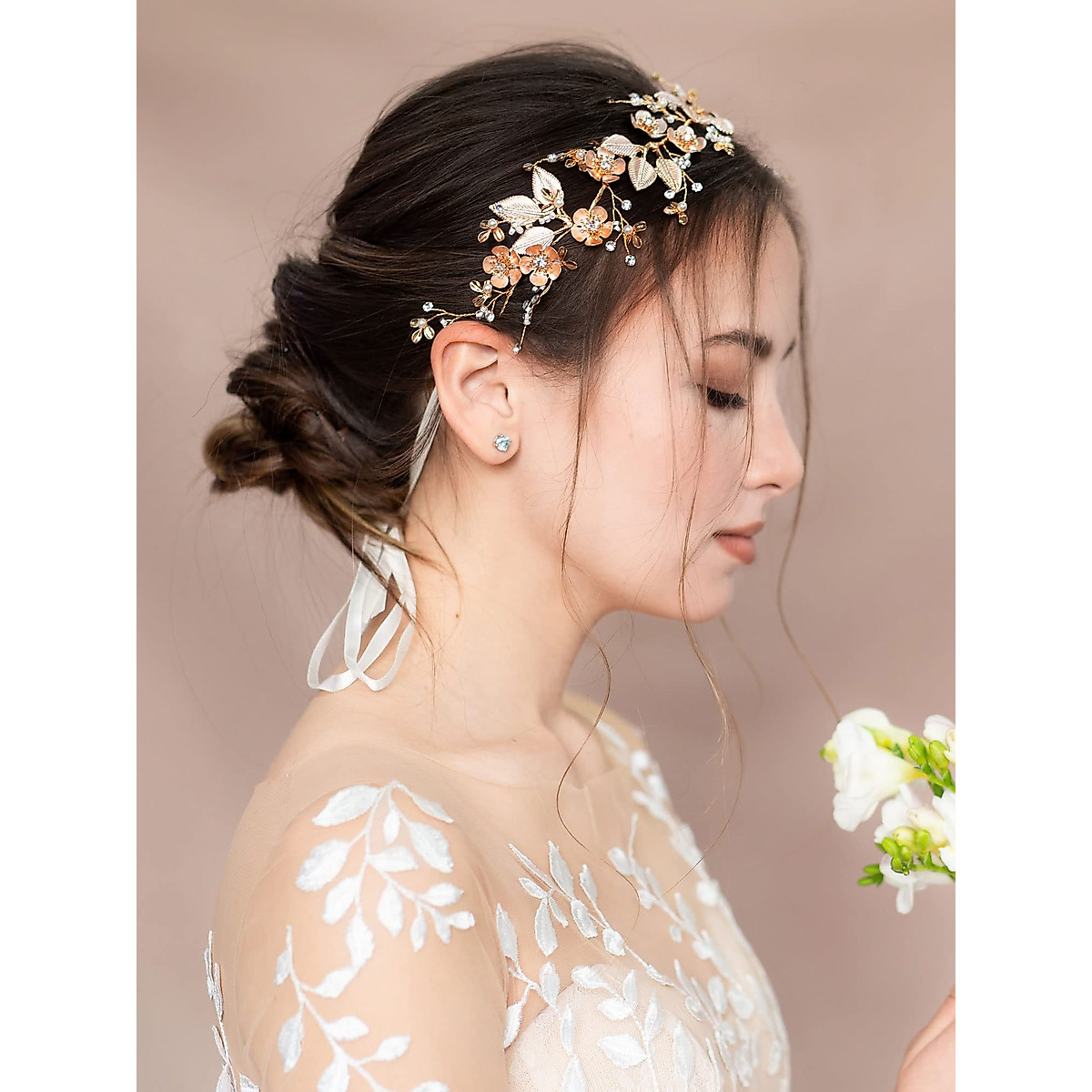 SWEETV Handmade Wedding Headpieces for Bride Hair Accessories Flower-Leaf Bridal Headband Rose Gold Wedding Hair Piece