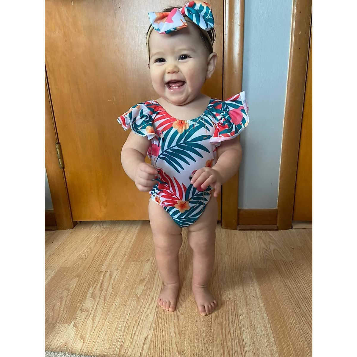 MINIFEIKO Toddler Baby Girl Tropical Swimsuit Newborn Girls One Piece Ruffle Bathing Suit with Headband Summer Bikini Swimwear for Infant Girls(Palm Leaf,12-18 Months)