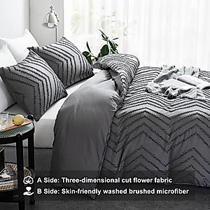 WARMDERN Boho Duvet Cover Set, Tufted Bedding Duvet Covers Soft Washed Microfiber Duvet Cover Twin Size, 2 Pieces Embroidery Shabby Chic Duvet Cover with Zipper Closure(Grey, Twin)