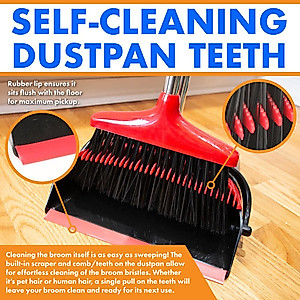 Hub City Industry Heavy Duty Broom and Dustpan Combo Set with Commercial Long Handle for Lobby, Home, Office, Cleaning Supplies, Upright Grips Sweep Set with Broom for Floor Cleaning, Red/Black