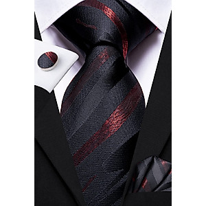 Dubulle Mens Paisley Striped Tie and Handkerchief Cufflinks Tie Set for Men Wedding Business Formal,Red Black