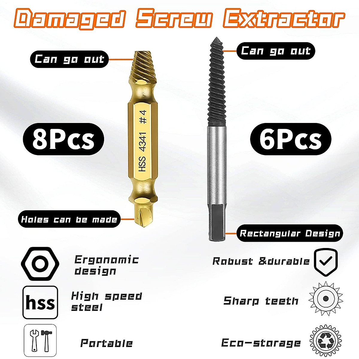 12 PCS Damaged Screw Extractor Set, 6 HSS 4341 Material Stripped Screw Kit and 6 Damaged Bolt Water Pipe Remover Set for Thread Broken Stud, Screw, Bolt, Water Pipe, Easy Take Out