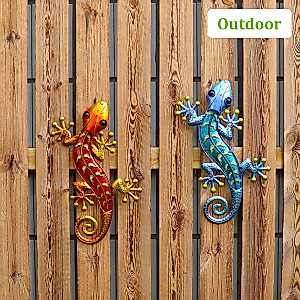 HONGLAND Metal Gecko Wall Decor Outdoor Indoor Lizard Art Sculpture Glass Decorations for Home (Blue&Purple)