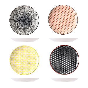 Domini Ceramic Pasta plates,8 inch Salad Bowls,Set of 4,Microwave and Oven Safe Plate with High Edge,Large Wide Bowls/Plates for Serving Dinner,Salad,Oatmeal,Mix-Match Pattern,Gift