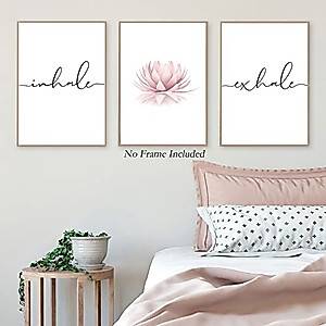 Inhale Exhale Wall Art Decor - Inhale Exhale Canvas Wall Art Zen Pictures Wall Art Yoga Pink Lotus Wall Art Meditation Poster Artwork for Living Room Bedroom 16x24 Inch (set of 3) Unframed