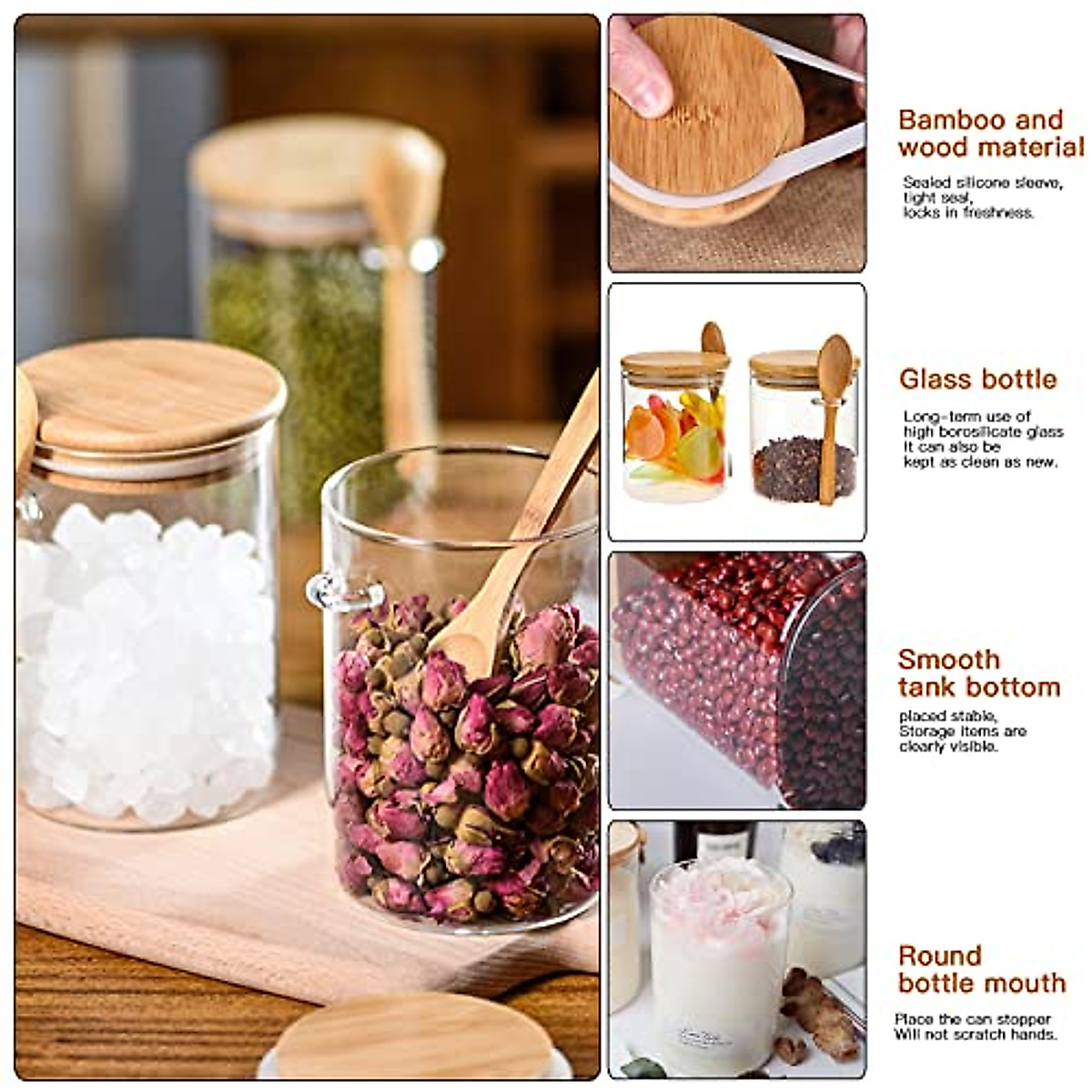 JOUALY 8-Pack Glass Food Storage Jar 8 oz,100% Sealed Borosilicate Glass Bamboo Glass Jars with Bamboo Lid and Bamboo Spoon for Candy, Spices, Coffee Beans, Nuts, Condiments, Cookies, Flour,Tea