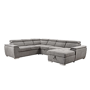 Eafurn 125'' U-Shaped Sectional Sleeper Right Storage Chaise Lounge and Pull Out Bed, 7-Seater Tufted Seat Oversized Sofa & Couches with Adjustable Headrest for Living Room, Light Gray