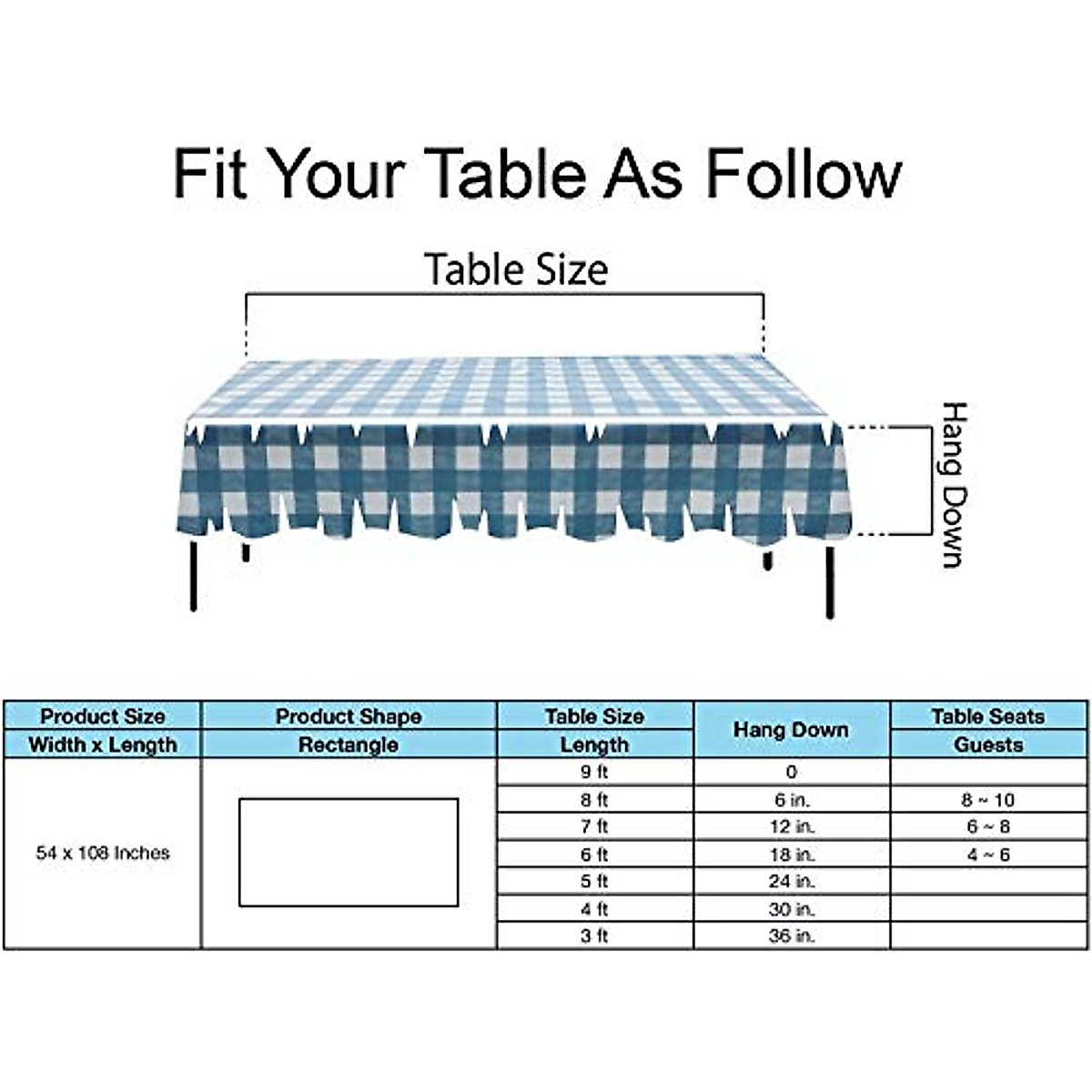 Blue Gingham Checkered Plastic Tablecloths 3 Pack Disposable Table Covers 54 x 108 Inches Party Tablecovers PEVA Vinyl Buffalo Plaid Table Cloths for Rectangle Tables Upto 8 ft and Picnic Barbecue