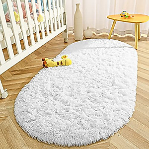Terrug Super Soft Oval Rugs for Kid's Room, Cute Fluffy Plush Rugs 2.6x5.3 Feet for Girls Bedroom Dorm, Non-Slip Modern Shaggy Carpet for Living Room, Home Decor White for Bedroom White