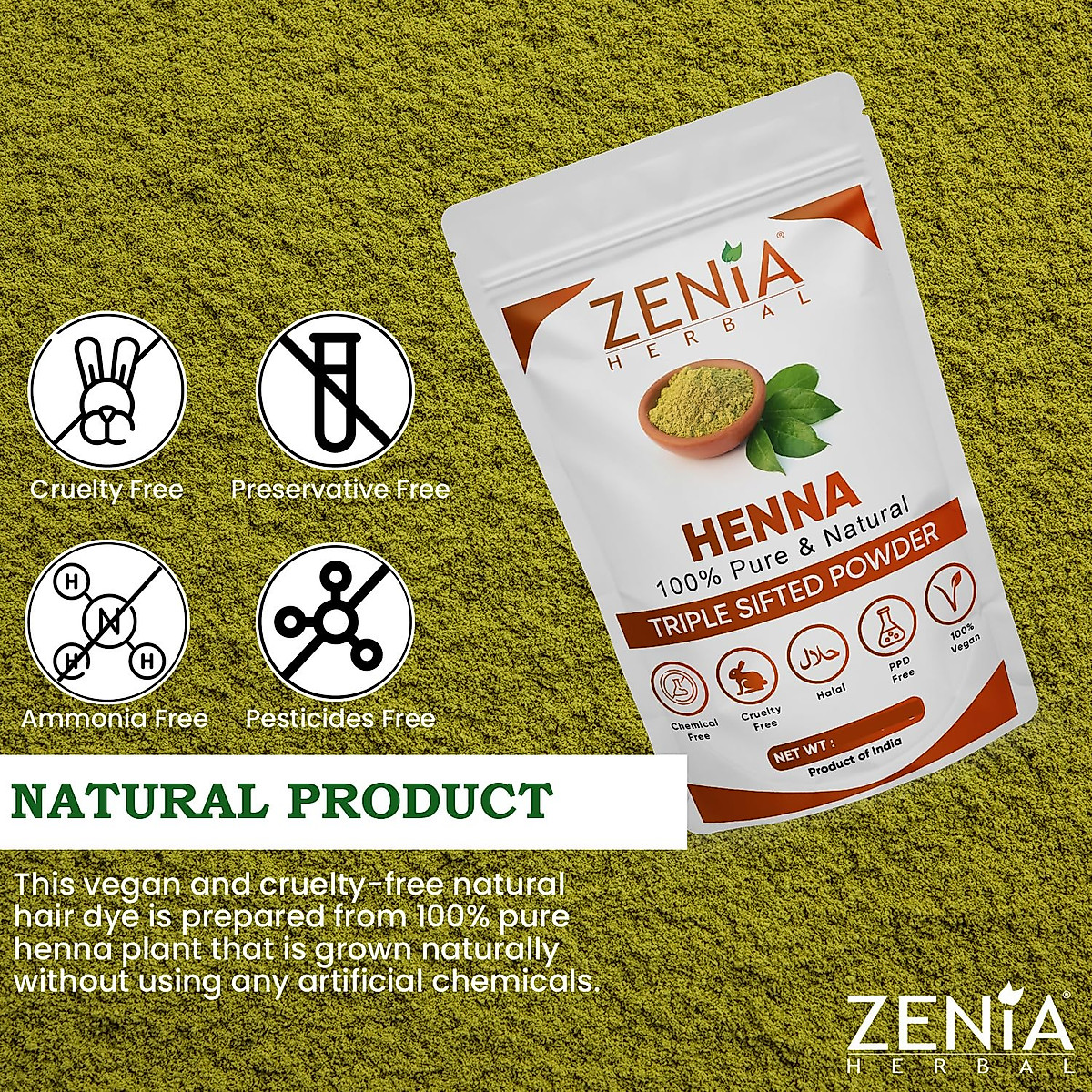 Zenia 100% Pure & Natural Henna Powder (Lawsonia Inermis) | 100 grams (3.5 oz) | Orange-Red Hair Color | Triple Sifted | Fresh from Rajasthan | No Chemicals, No Additives