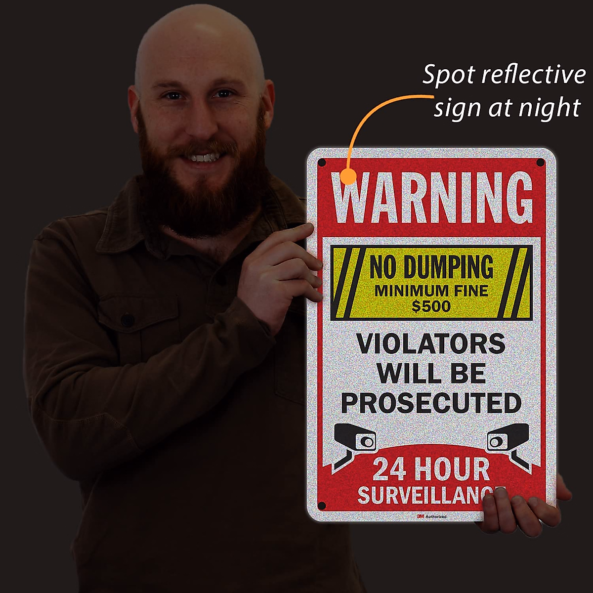 SmartSign 18" x 12" 'Warning - No Dumping, Minimum Fine USD 500, Violators Prosecuted, 24 Hour Surveillance' Metal Sign, 63 mil Aluminum, 3M Laminated Engineer Grade Reflective, USA-Made