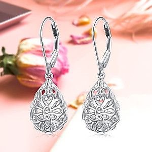 SHAOAN 925 Sterling Silver Filigree Dangle Drop Earrings Celtic Knot Leverback Teardrop Earrings for Women Jewelry for Mother’s Day