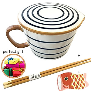 MOMOZEE Ceramic Japanese Noodle Bowl, microwave ramen bowl sets with Chopsticks with lid, microwave safe noodle bowls, instant ramen cooker,ramen bowls (circle)