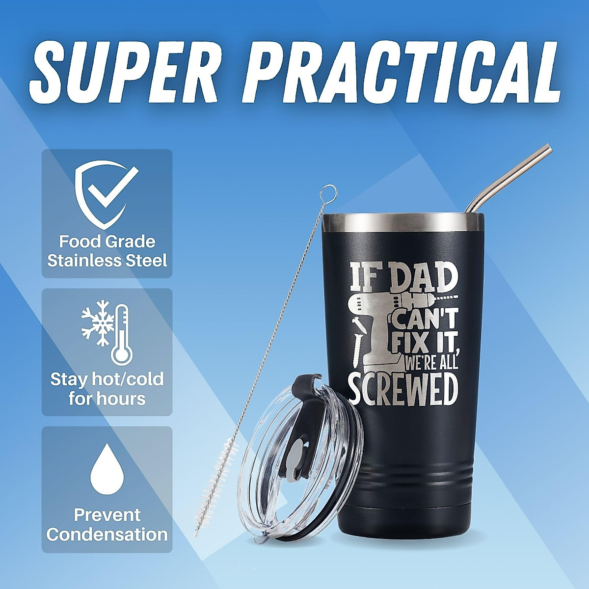 Onebttl If Dad Can't Fix It Tumbler, Funny Gifts for Father's Day, Birthday, Christmas from Daughter, Son, Wife, Stainless Steel Travel Mug 20oz