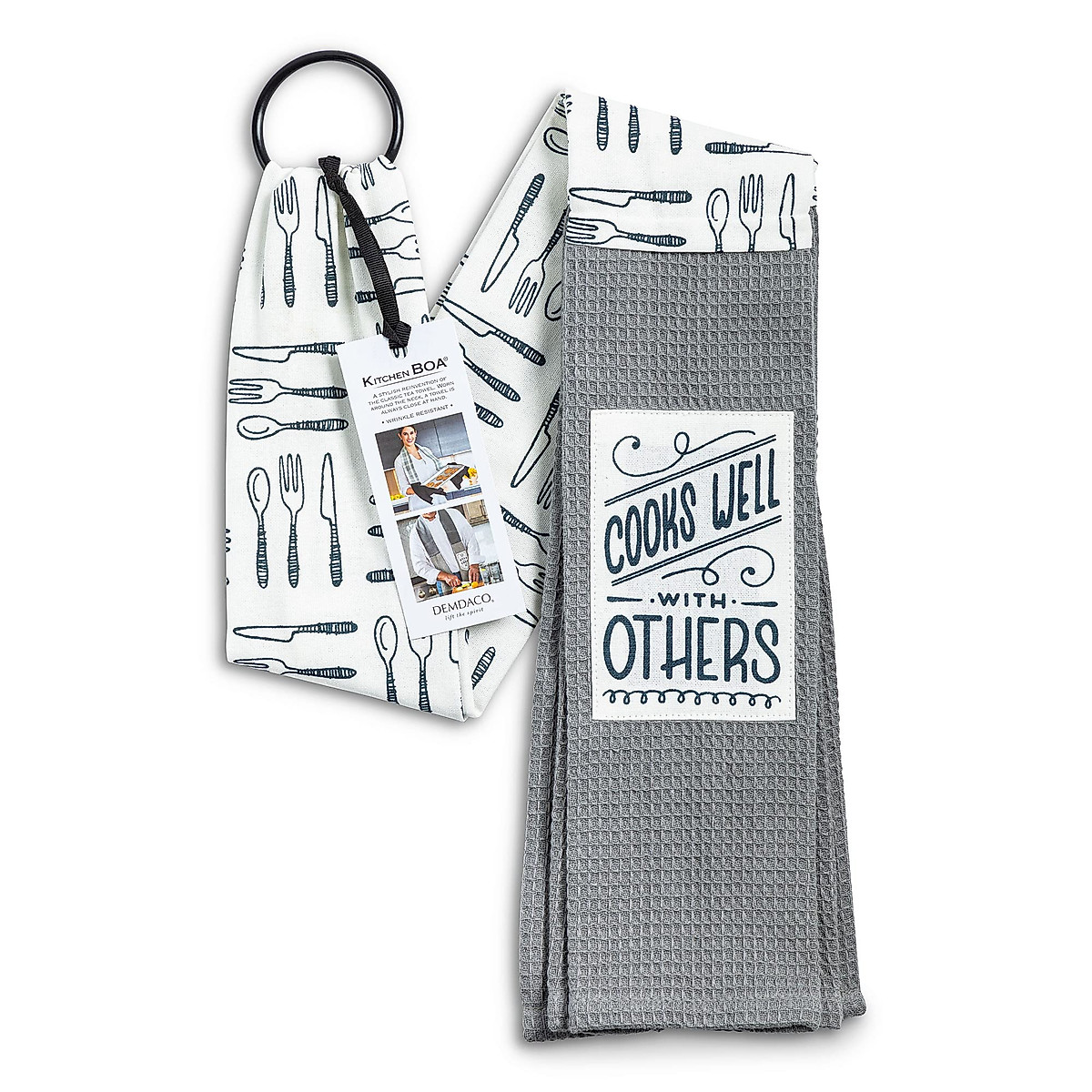 DEMDACO Cooks Well With Others Grey and White 69 inch Cotton Fabric Boa Dish Towel