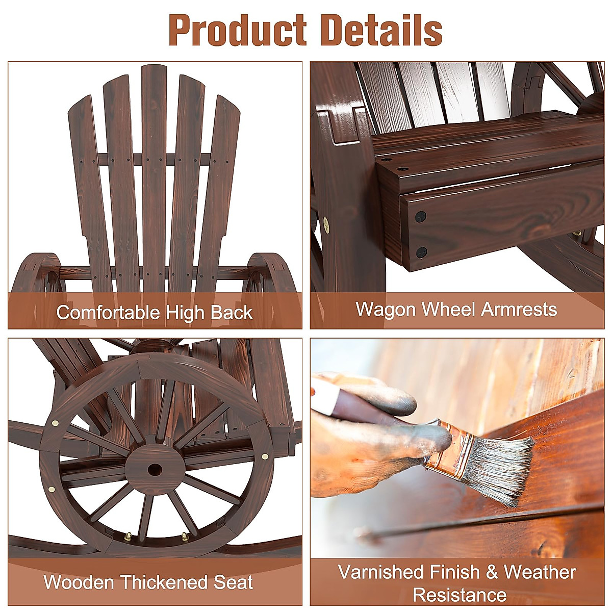 ide·o Outdoor Wood Wagon Bench - with Wheel Armrest Rustic Fir Wooden Patio Lounge Rocker for Patio Garden Country Yard