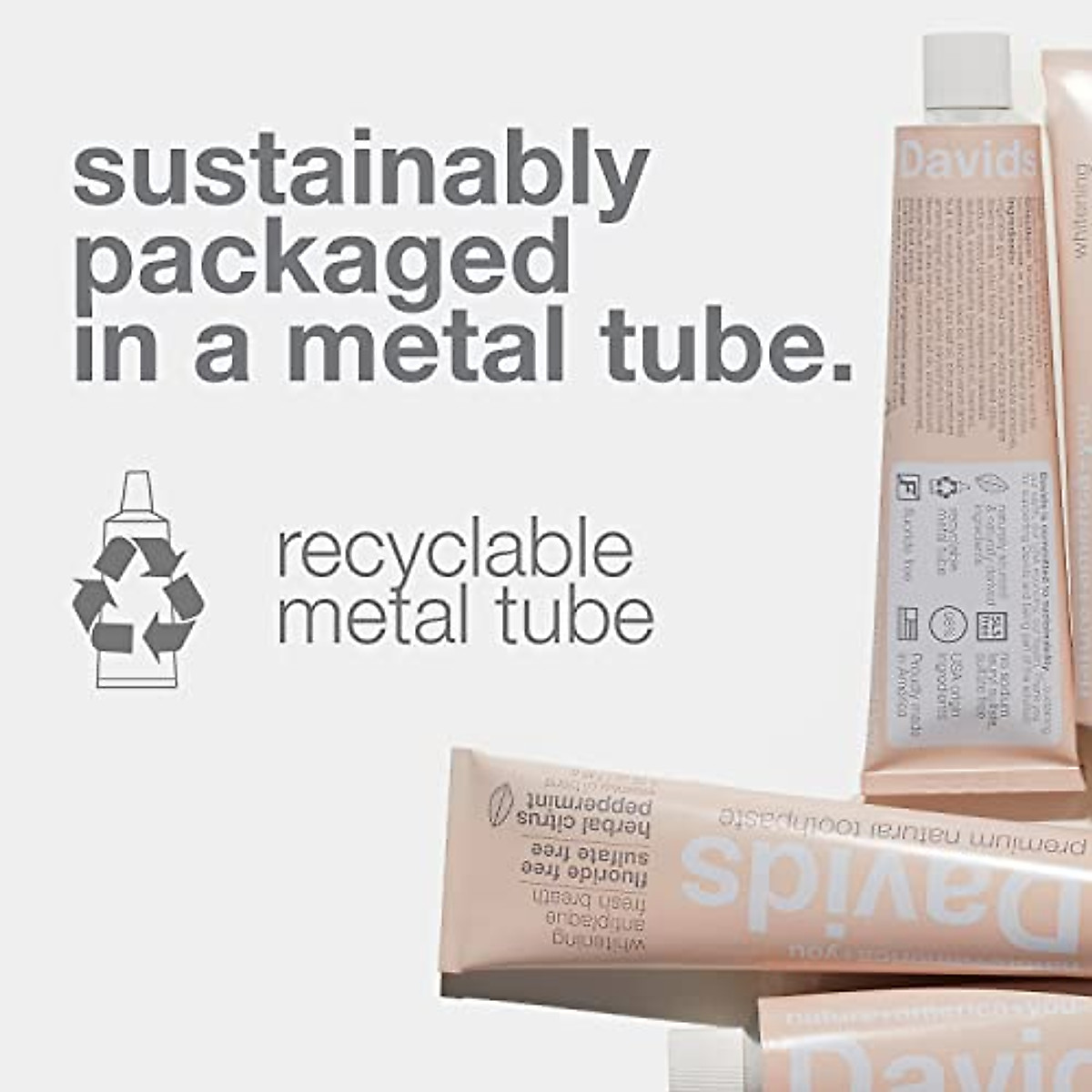 Davids Natural Toothpaste For Teeth Whitening, Herbal Citrus Peppermint, Antiplaque, Flouride Free, SLS Free, EWG Verified, Toothpaste Squeezer Included, Recycable Metal Tube, 5.25oz