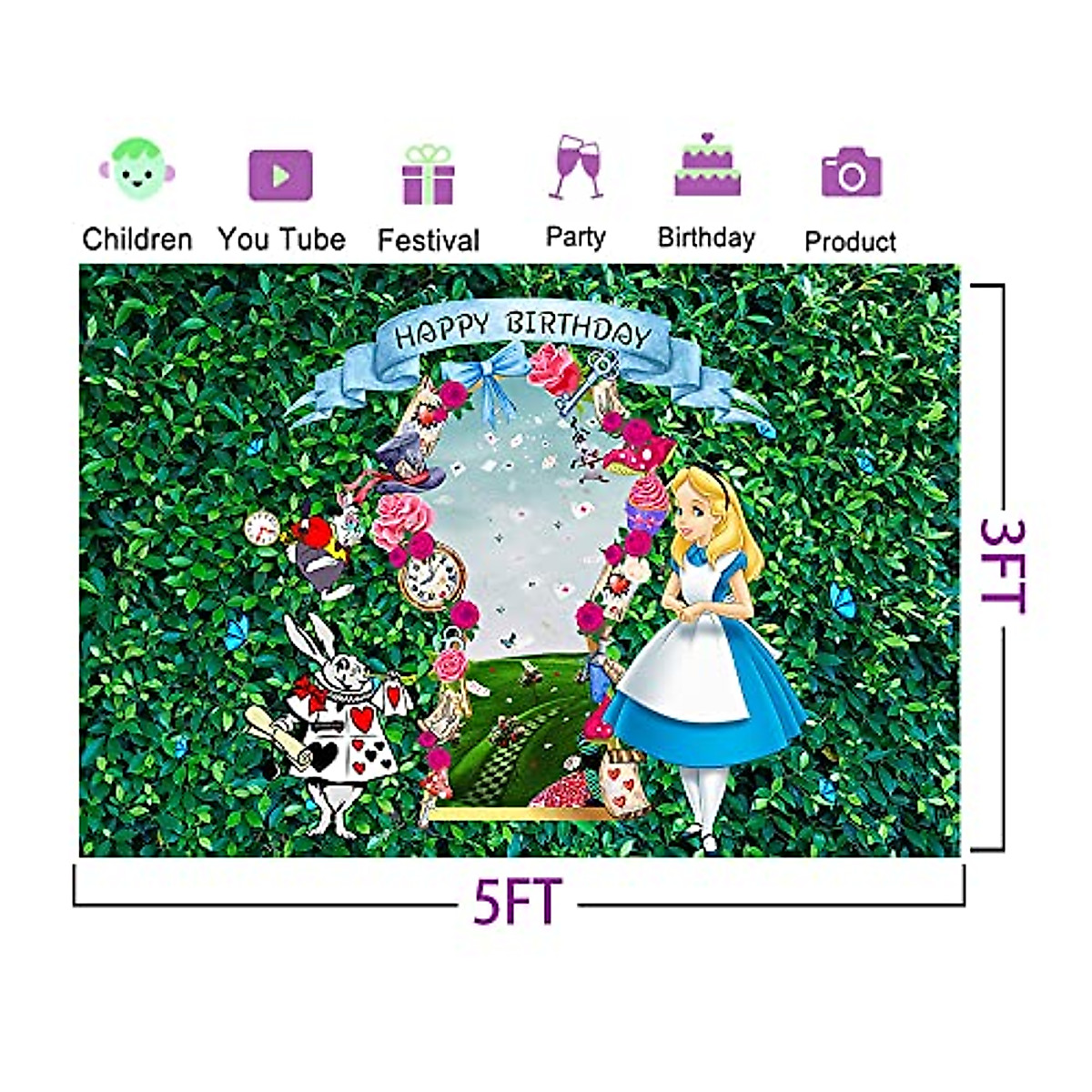 Alice in Wonderland Backdrop for Birthday Party Supplies 5x3ft Green Leaves Photo Background for Alice Wonderland Theme Party Cake Table Decorations Baby Shower Banner