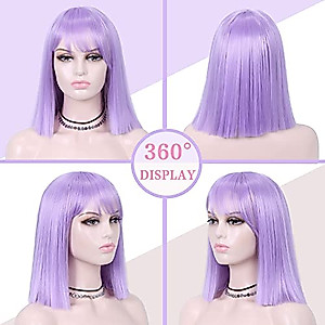 WIGER Purple Bob Wigs Straight Purple Wig with Hair Bangs Short Bob Wigs Shoulder Length Bob Wig Synthetic Hair for Women Cosplay Wig
