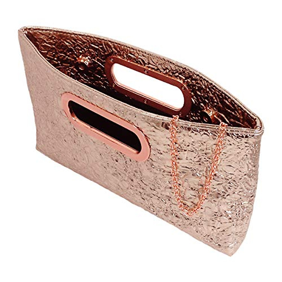 Crushed Metallic Top Handle Clutch, Rose Gold