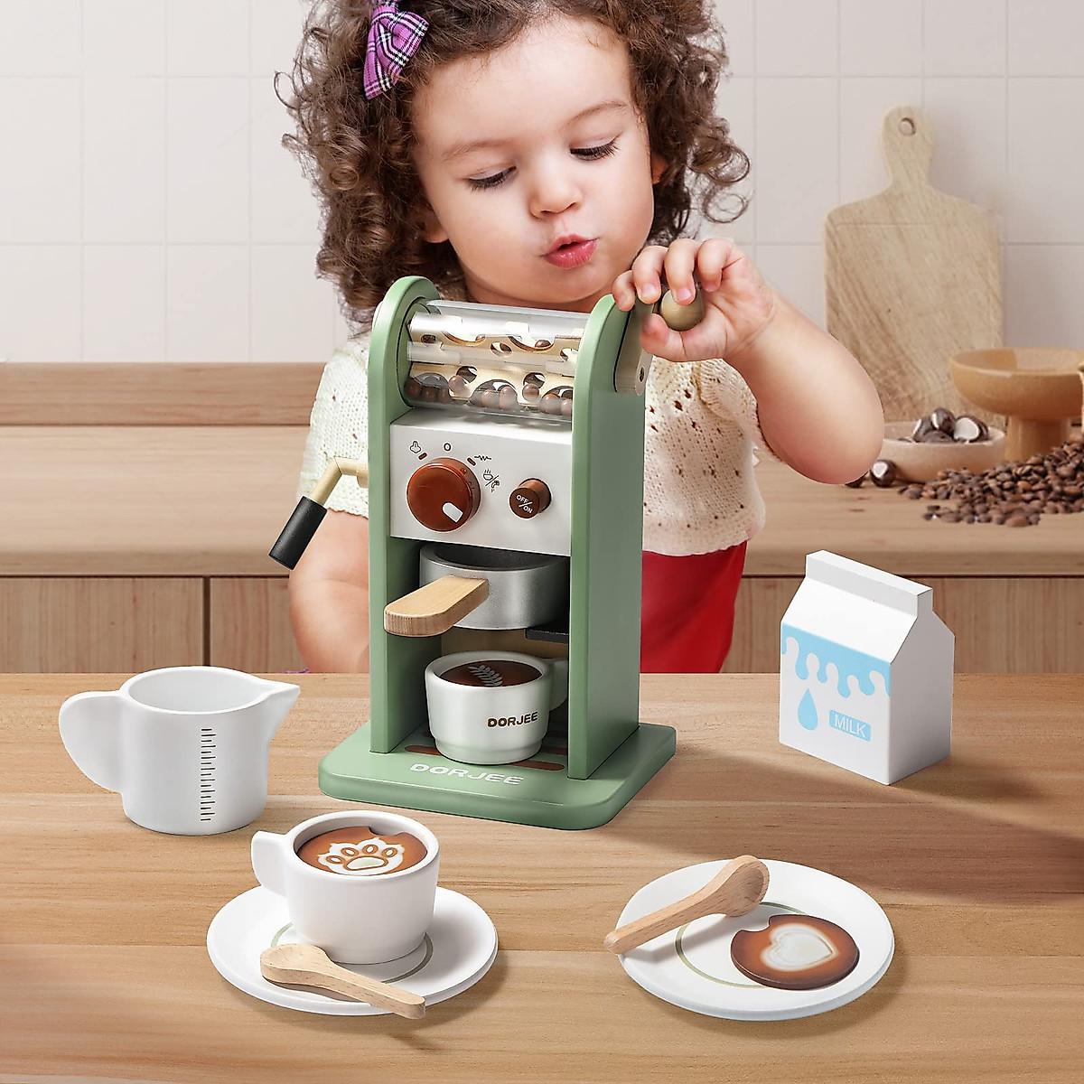 Dorjee Kids Coffee Maker Playset with Grinder, Play to learn Coffee Making Routine, Stimulates Imaginative Pretend Play and Life Skills, Gifts for Toddler Girls and Boys, 14pcs in Wood