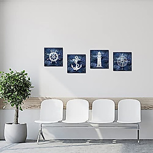 LoveHouse Rustic Nautical Wall Art Boat Anchor Paintings Helm Drawing Compass Print Lighthouse Home Decor Pictures Navy Blue Artwork for Bathroom Living Room Ready to Hang 12x12 Inchx4 Piece
