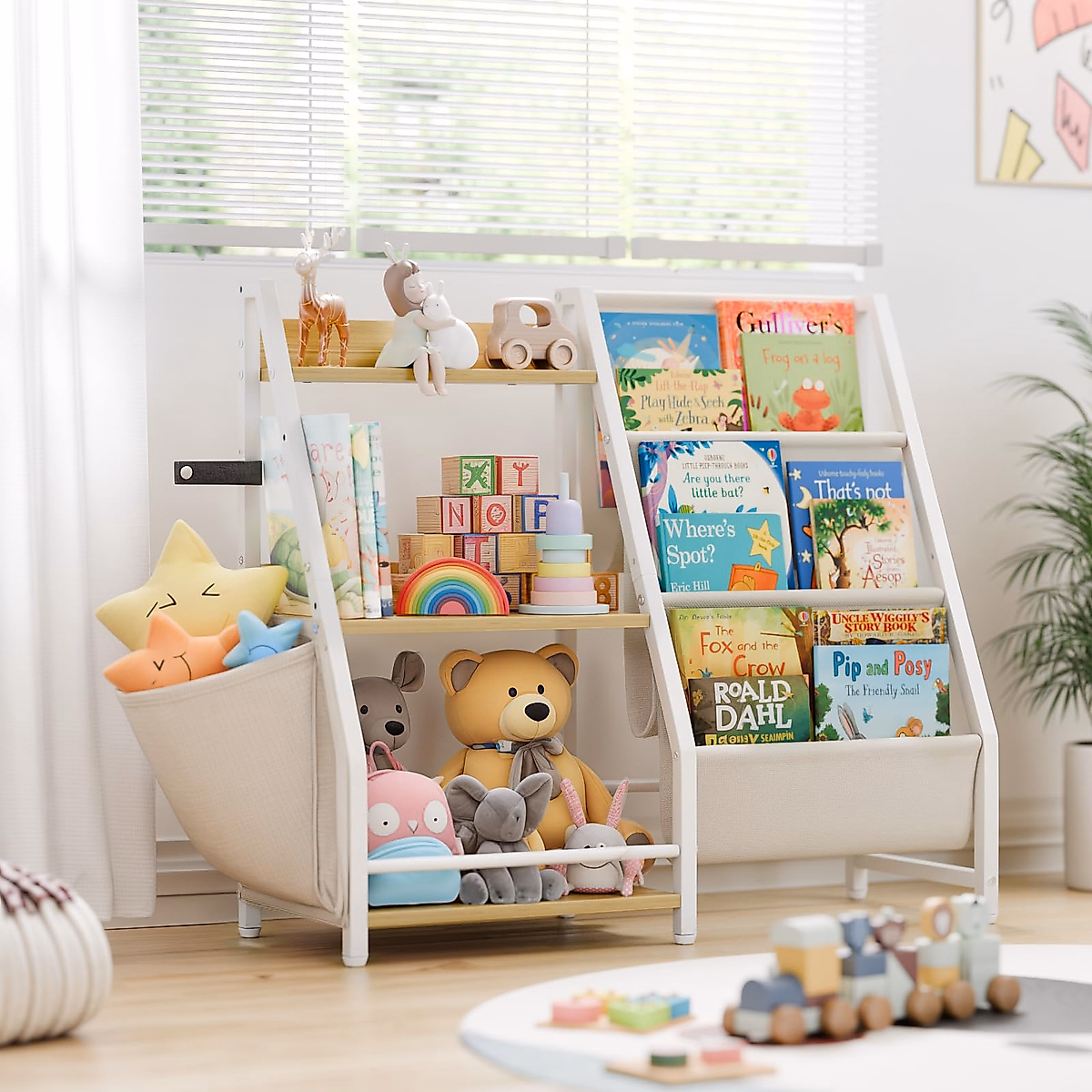 LATIBELL 3 Tier Kids Bookshelf and Toy Storage, Kids Book Sling Shelf, Montessori Baby Toddler Bookshelf for Kids, Kids Bookcase, Toy Storage Organizer, for Playroom, Bedroom, Nursery (Burlywood)