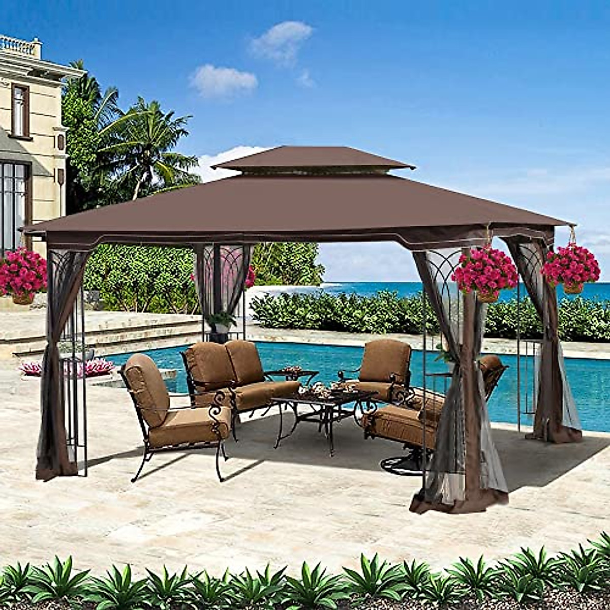 13' x 10' Gazebo for Patio with Mosquito Netting, Outdoor Canopy with Ventilated Double Roof and Corner Shelves, Pergolas for Shade and Rain with Metal Frame, Perfect for Backyard and Deck, Brown Top