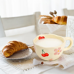 Yopay 2 Pack Ceramic Coffee Mug, 8oz Handmade Hot Chocolate Mugs, Cute Cup for Girl Microwave Safe, Aesthetic Tea Milk Cup with Handle for Latte, Cocoa, Gift, Office, Home (Cherry flower)