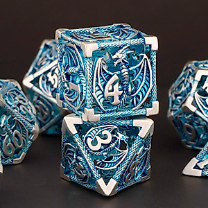 KERWELLSI Hollow Metal DND Dice Set, Dungeons and Dragons Dice Set with Gifts Box, 7pcs D&D Dice Set, Polyhedral Dice Set for RPG Role Playing Game, RPG D and D Dice D20 D12 D10 D8 D6 D4 (Blue)