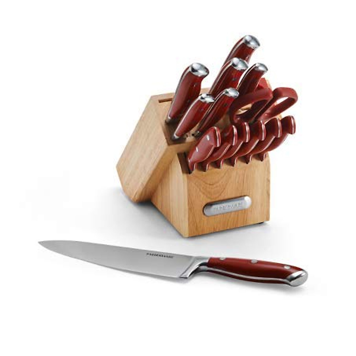 Farberware Professional 15-piece Forged Triple Riveted Knife Block Set with Built-in Edgekeeper Knife Sharpener, High-Carbon Stainless Steel Kitchen Knives, Razor-Sharp Knife set, Red