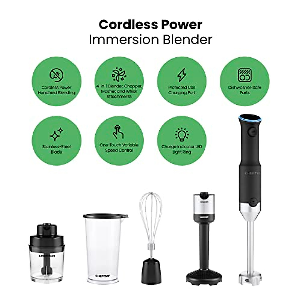 CHEFMAN Cordless Portable Immersion Blender 5-in-1 Blender Set, Ice Crushing Power with One-Touch Speed Control, Comes with Potato Masher, Whisk, Chopper, Beaker, and Storage Case, Stainless Steel