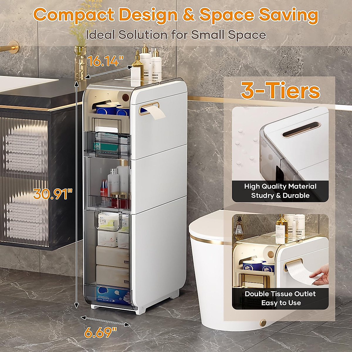 MOSAMNI 3-Tiers Slim Bathroom Storage Cabinet, Narrow Bathroom Storage Cabinet with Drawers & Wheels, Plastic Waterproof Bathroom Storage Organizer for Small Spaces, Kitchen, Laundry Room, Out-of-Box