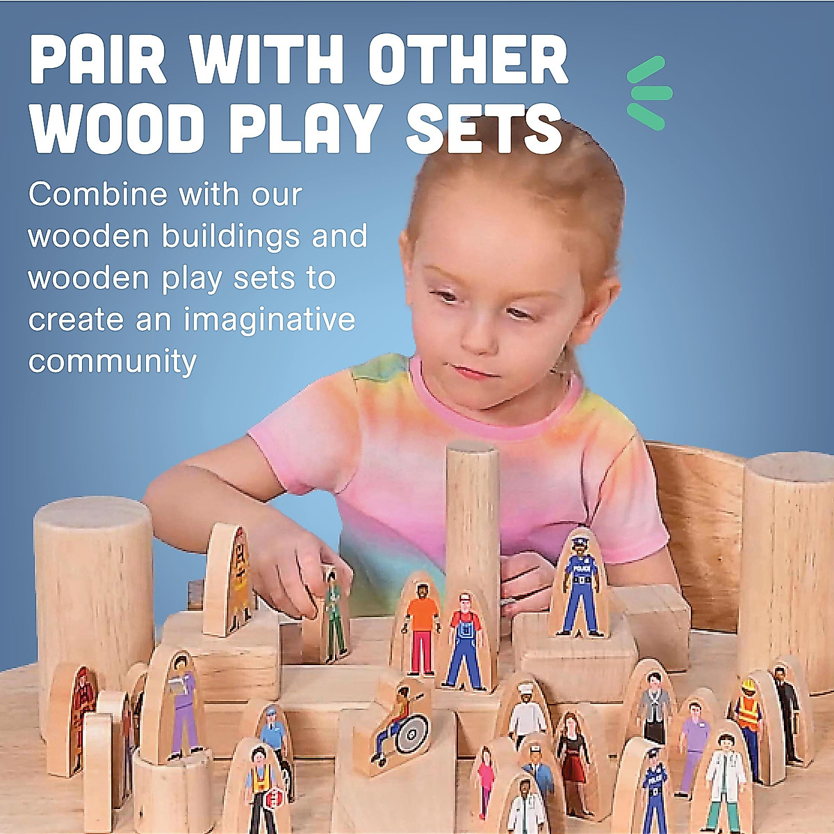 Constructive Playthings Wooden Community Helpers 25-Piece Wood Block Play Figurine Set, Freestanding Inclusive and Diverse Wood Toy Figures for Kids Ages 3+