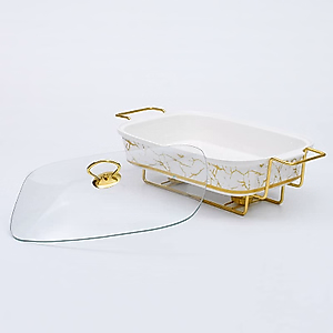 HONHPD 3PCS Rectangular Porcelain Casserole Warming Trays for Food, Ceramics Chafers, and Buffet Warmers Sets, Ceramics Chafing Dish Buffet Set, Gold Plating Serving Dishes(11inch.13inch.15inch）