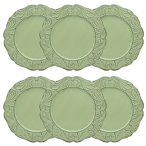 Leemxiiny Antique Green Charger Plates with Embossed Edge, Plastic Flora Decorative Chargers for Dinner Plates Set of 6 Bulk Wedding for Table Setting, Party, Holiday