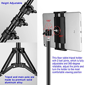 SAMHOUSING Tripod Floor Stand, with 65 inch Height Adjustable Stand Holder & 360° Rotating iPad Tripod Mount for iPad Pro, iPhone, Kindle, and All 4.5-12.9 Inch Tablets